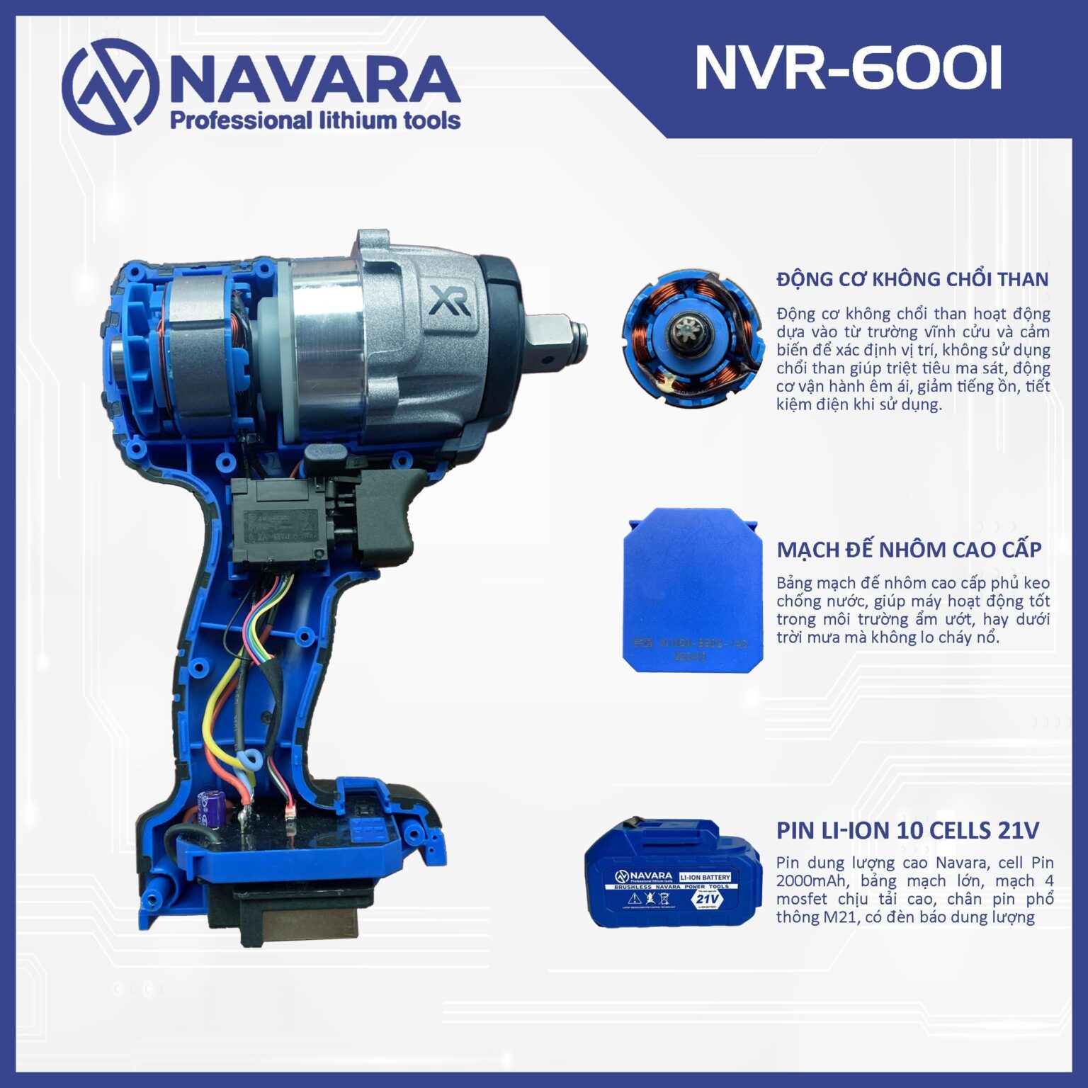 Máy Siết Bulong Navara NVR-6001 380N.m, Động cơ không chổi than, Chân ...